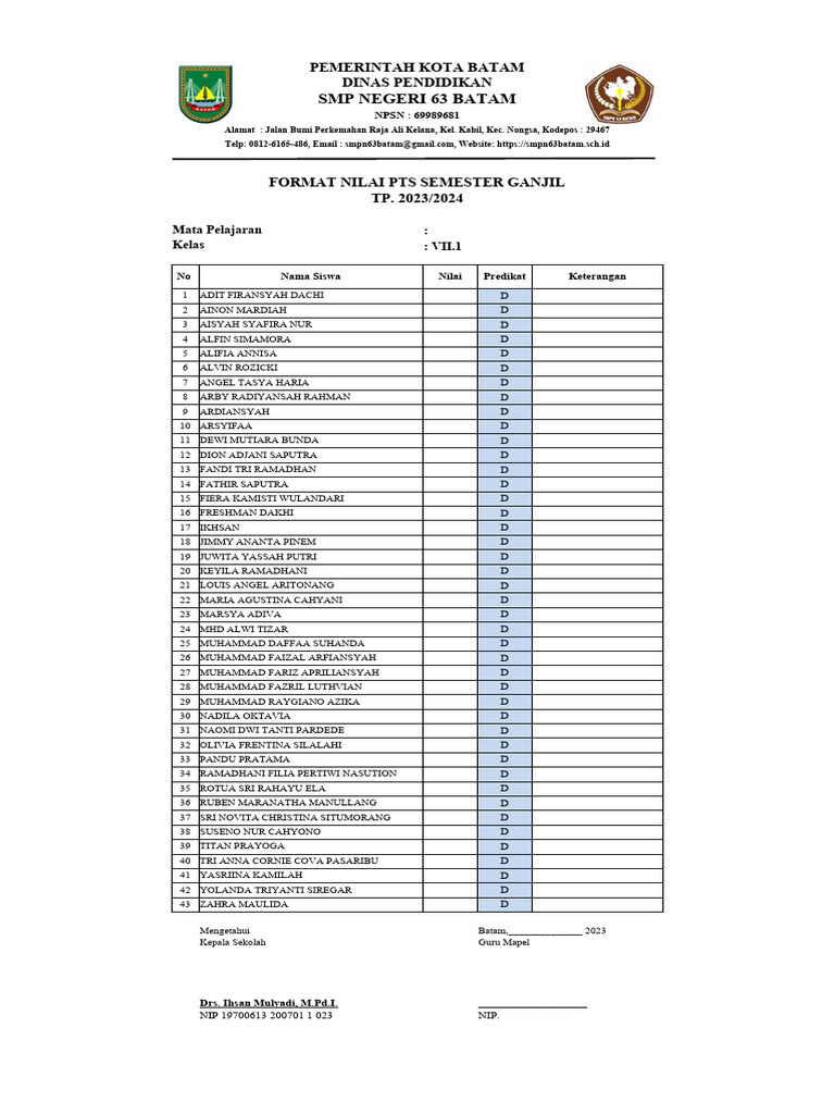 Format Nilai PTS SMPN 63 Batam | PDF