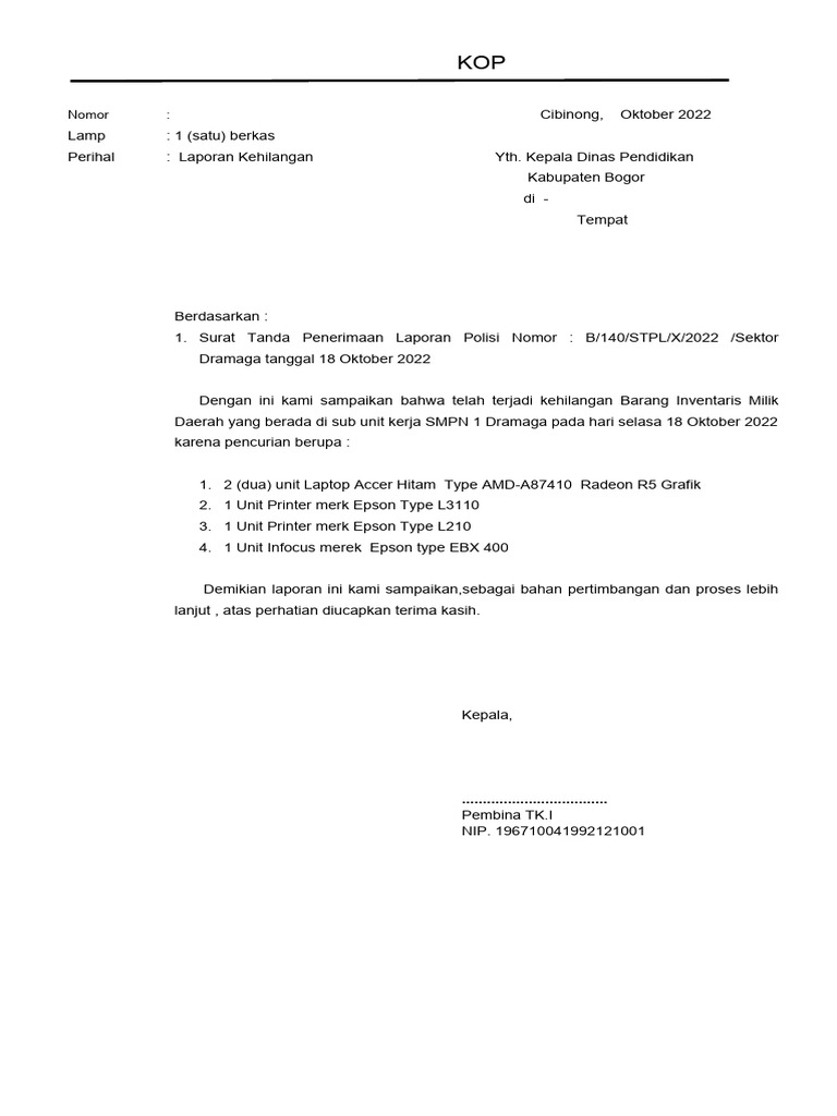 Contoh Laporan Kehilangan | PDF