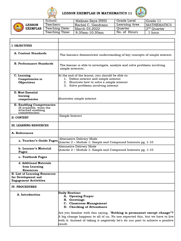 Lesson Exemplar | PDF | Interest | Interest Rates
