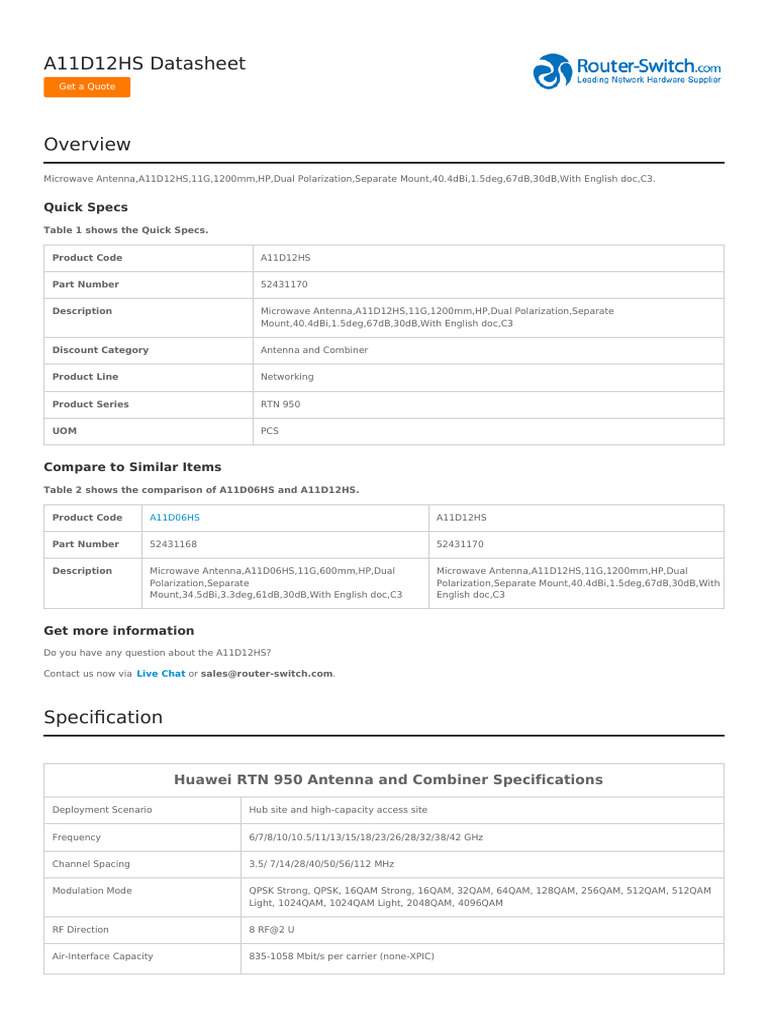 A11D12HS Microwave Antenna Datasheet | PDF