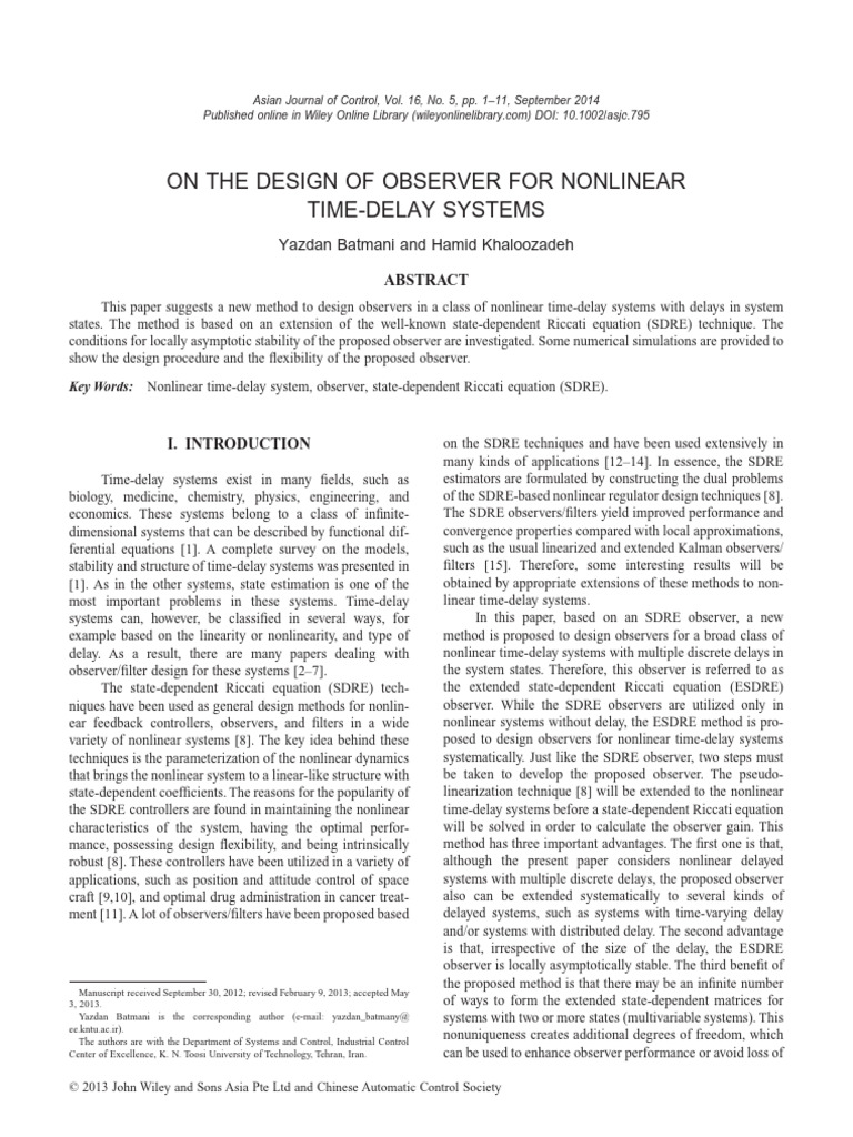 Nonlinear Time-Delay Observer Design | PDF | Nonlinear System | Control Theory