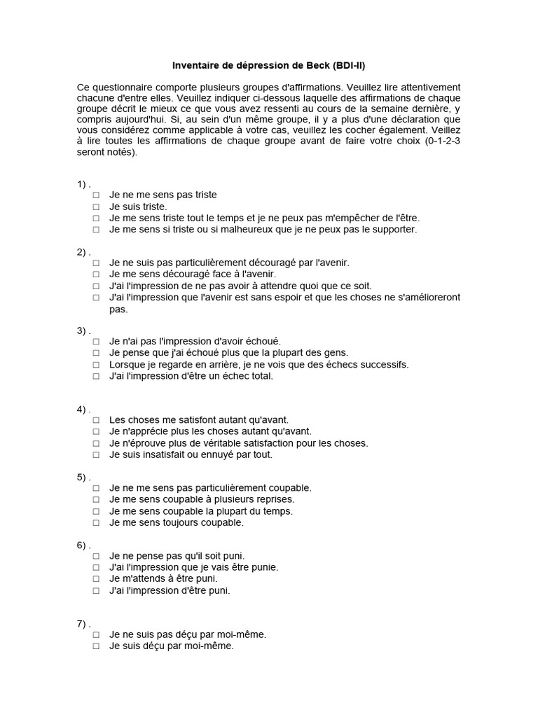 Inventaire de La Dépression BDI-II Beck | PDF | Dépression (psychiatrie)