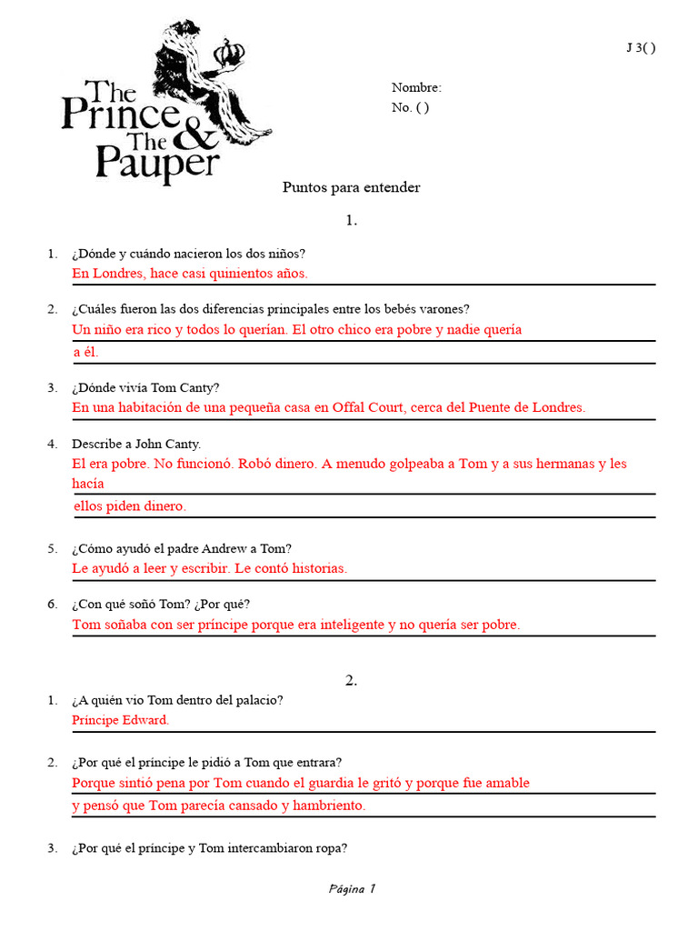 El Príncipe y El Mendigo - Clave de Respuestas | PDF