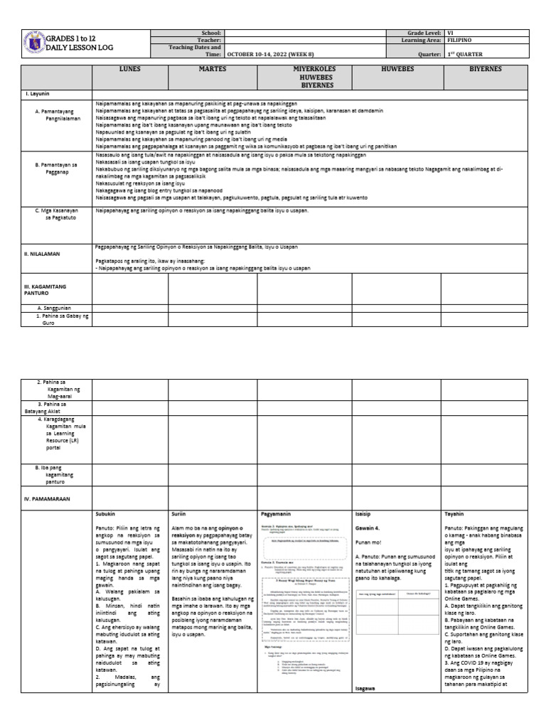 DLL - Filipino 6 - Q1 - W8 | PDF