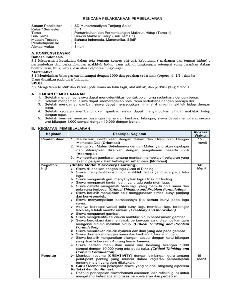 RPP Tema 5 Sub Tema 1 Kelas 3 Semester | PDF