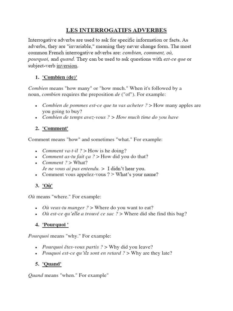 Interrogative Adverbs in French | PDF | Language Arts & Discipline