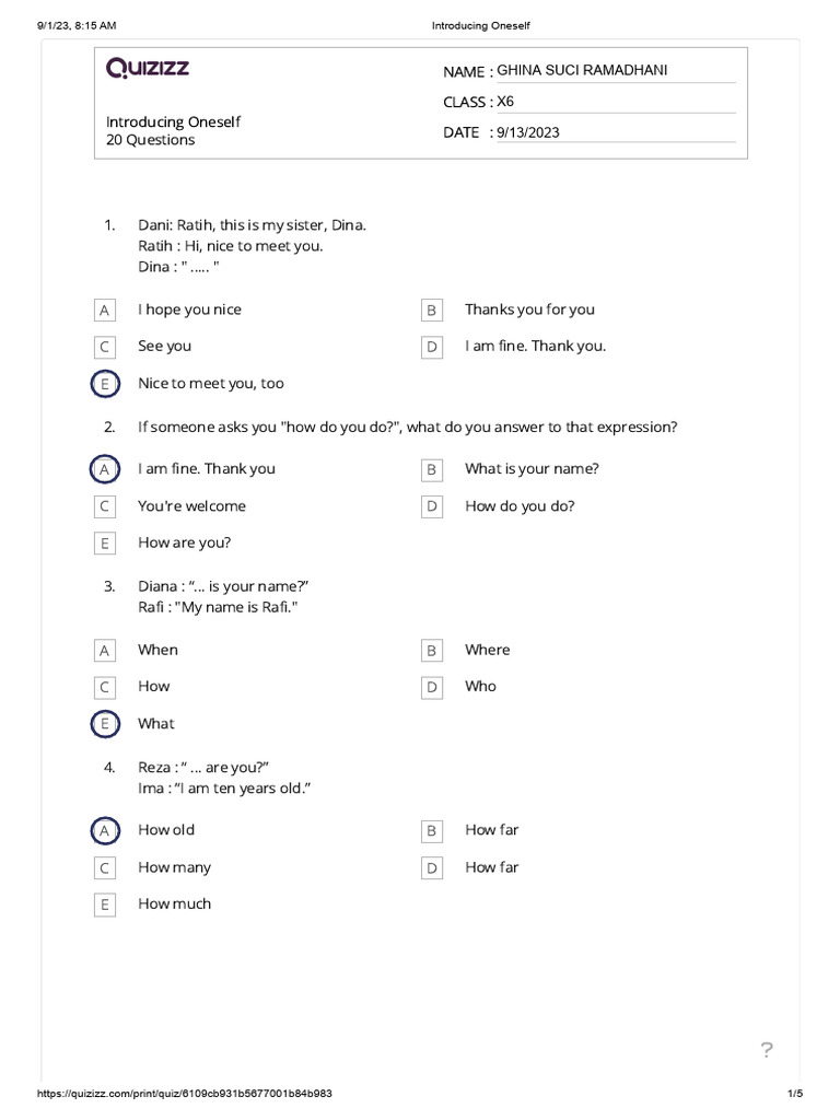 Introducing Oneself-With Answer | PDF