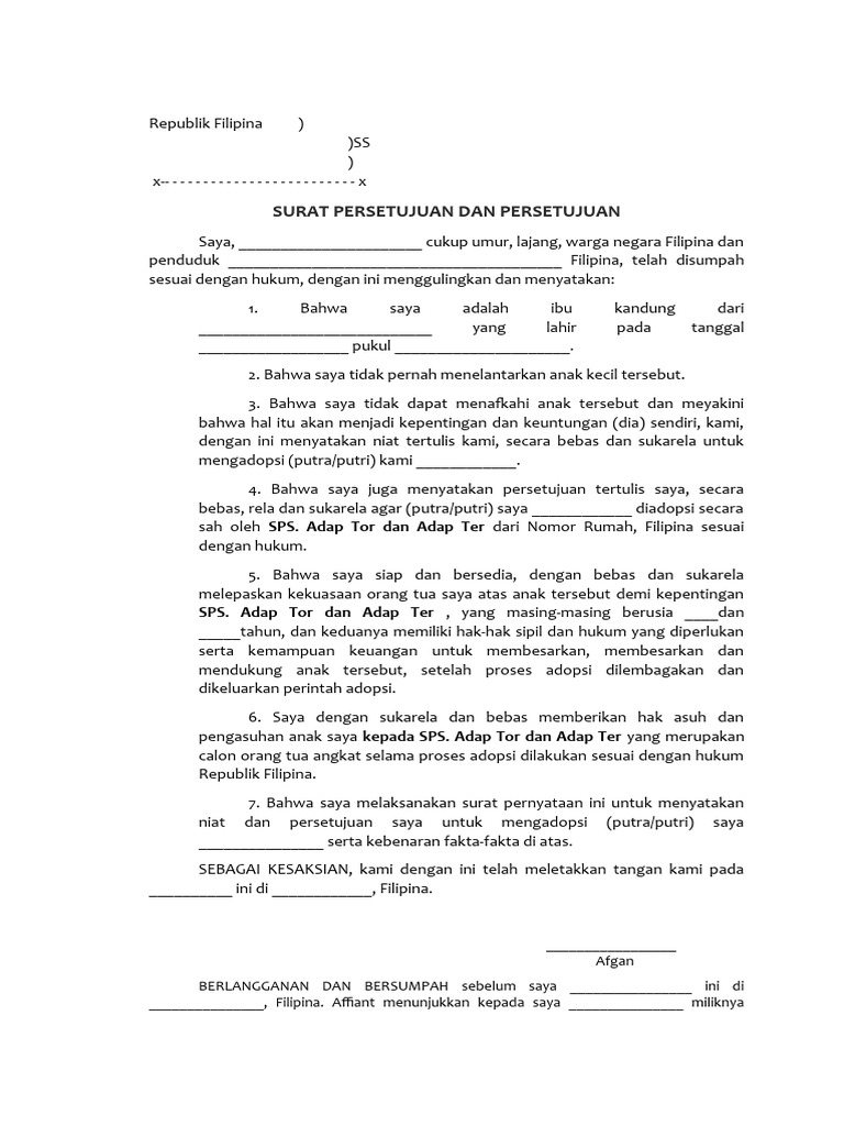 TEMPLATE Surat Pernyataan Niat Dan Persetujuan Adopsi | PDF