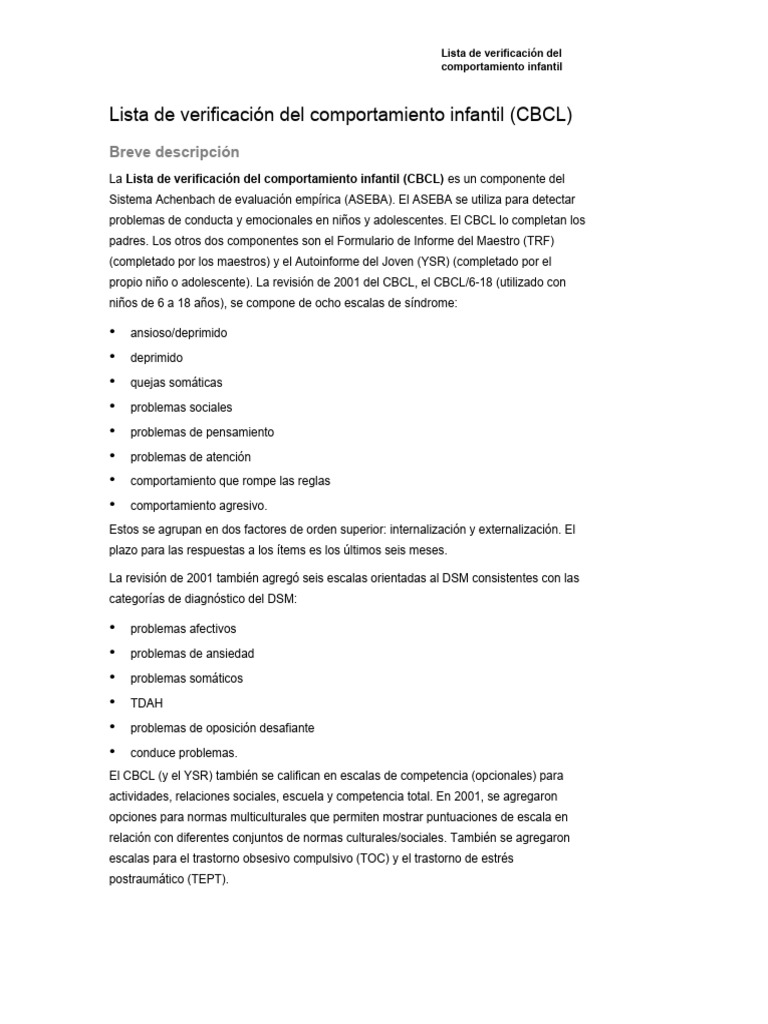 Lista de Verificación Del Comportamiento Infantil (CBCL) PDF | PDF | Ansiedad | Depresión ...