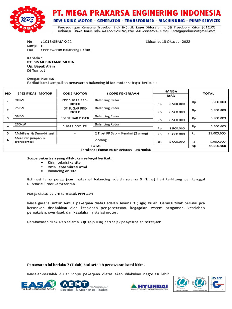 101C - Balancing ID Fan Motor - PT Sinar Bintang Mulia | PDF