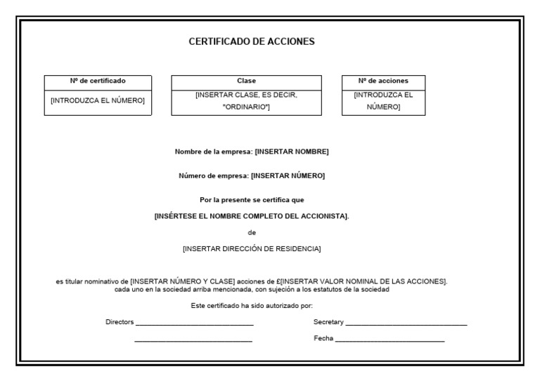 Descarga de Plantilla de Certificado de Acciones Editable | PDF
