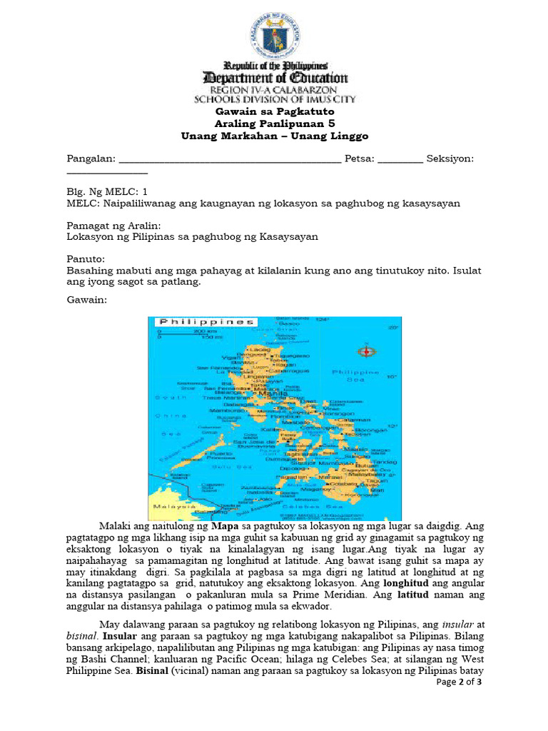 Gawain Sa Pagkatuto Araling Panlipunan 5 Unang Markahan - Unang Linggo | PDF