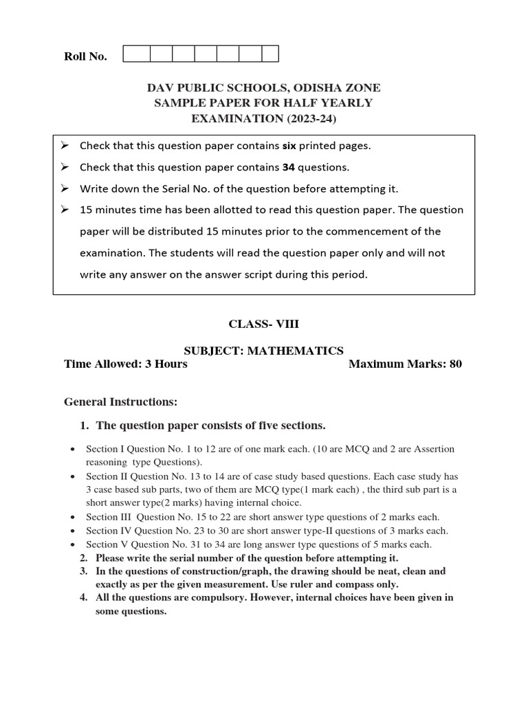 STD Viii Maths Sample Paper - 2023-24 | PDF | Taxes | Area
