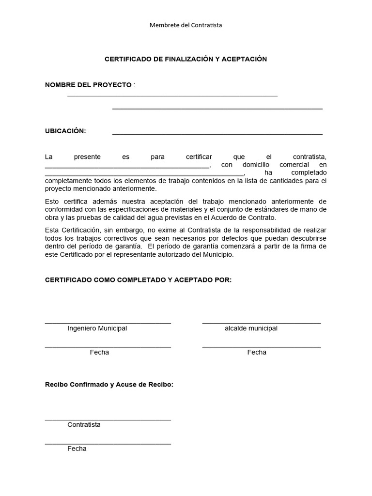 Modelo de Certificado de Finalización y Aceptación | PDF