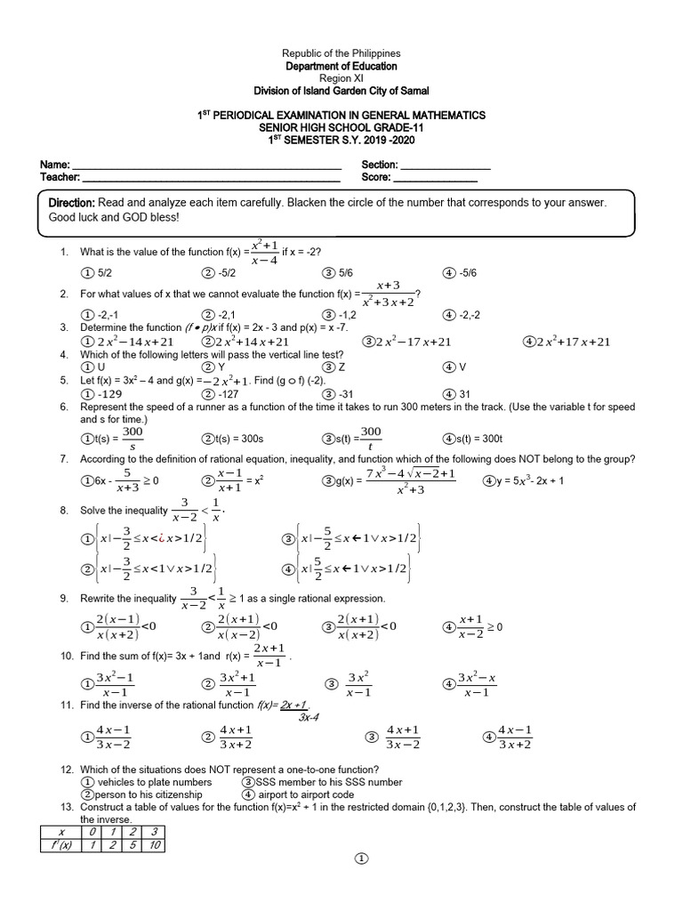 GenMath 1st Q.E.S.H. SY 2019 2020 1 | PDF | Function (Mathematics) | Logarithm