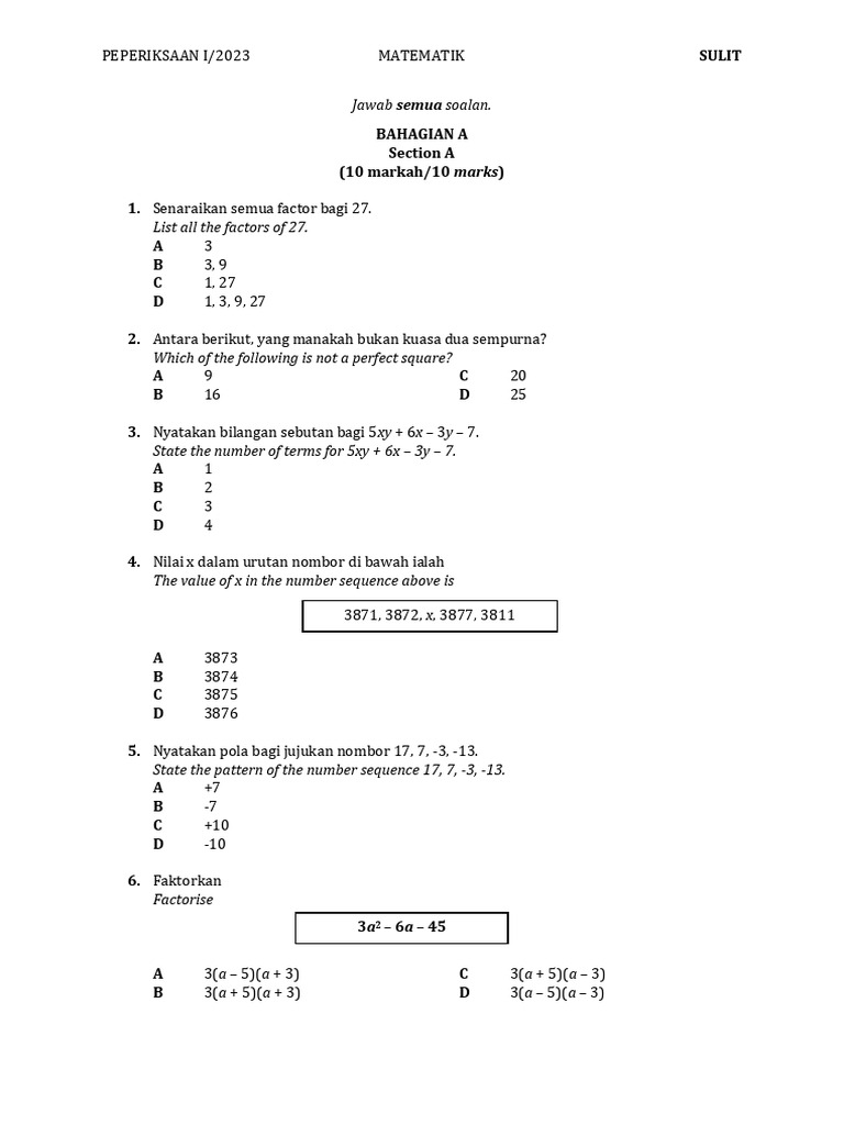 Peperiksaan 1 Matematik T2 2023 Pdf