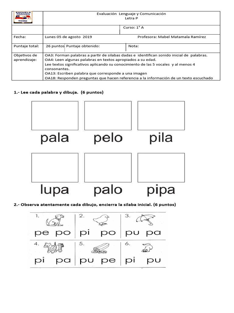 Evaluación de la Letra P para 1° Grado | PDF