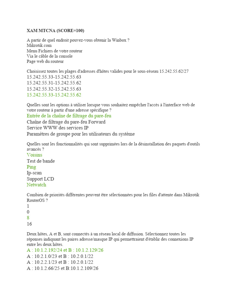 Exemple de Corrigé Du Test MTCNA | PDF | Adresse IP | Protocoles Internet