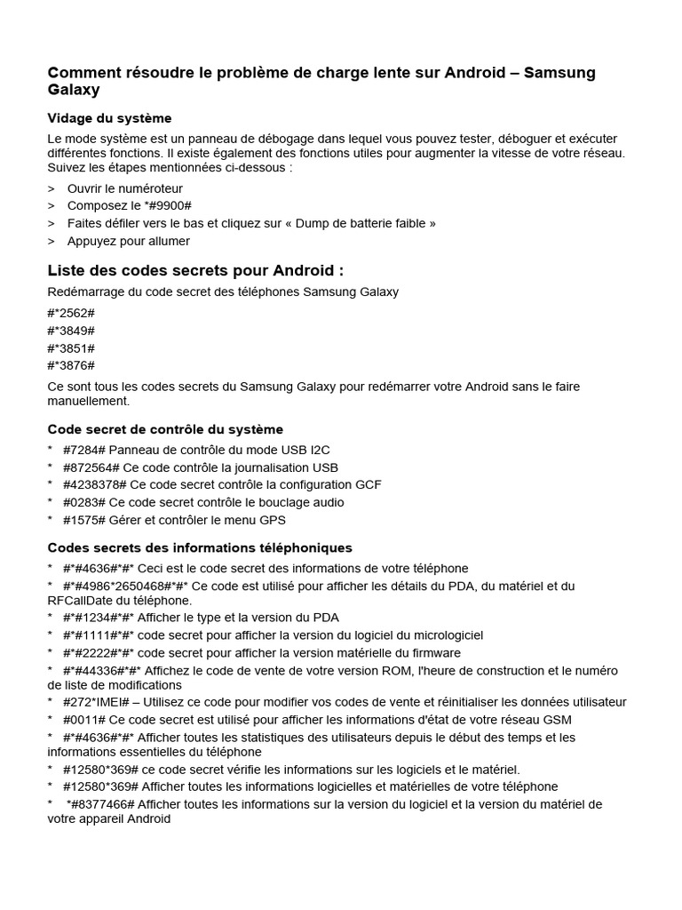 Codes secrets pour Samsung Galaxy Android | PDF | Android (Système d ...