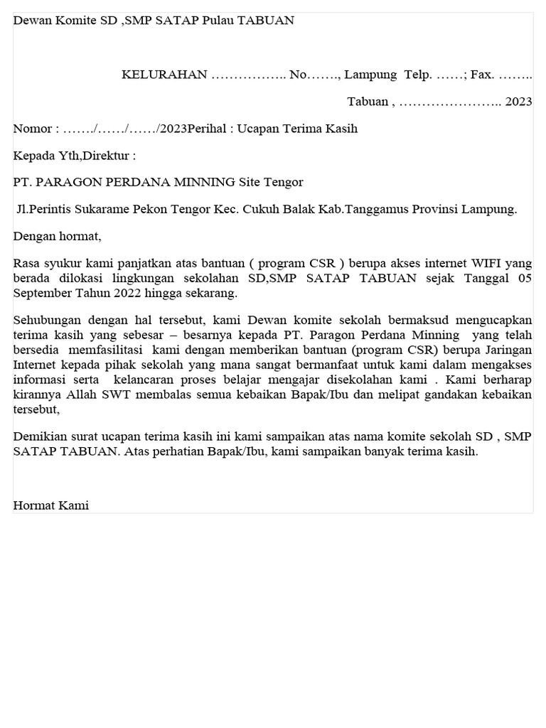 Surat Terimakasih Dewan Komite SD | PDF Surat Terimakasih Dewan Komite SD | PDF