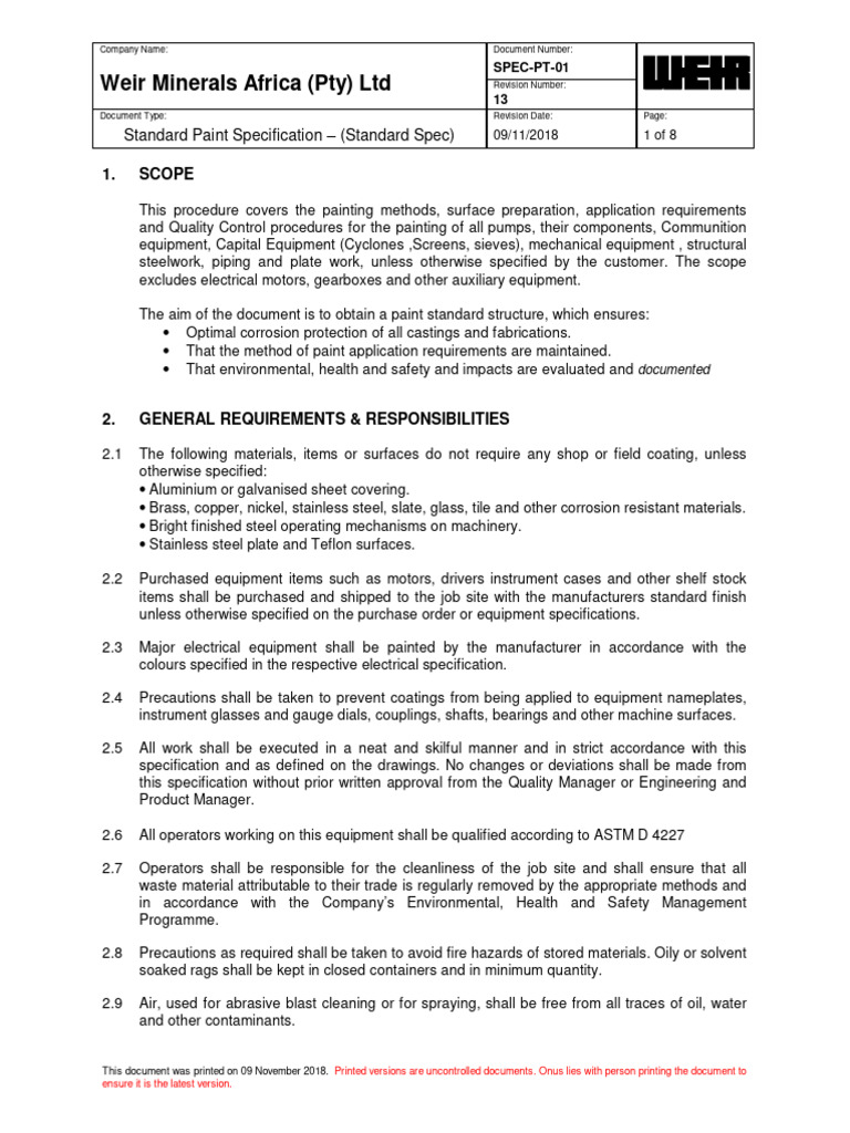 Weir SPEC-PT-01 Complete Paint Specification Document | PDF | Paint ...
