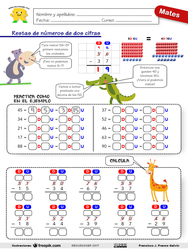 Restas de dos cifras con llevadas | PDF