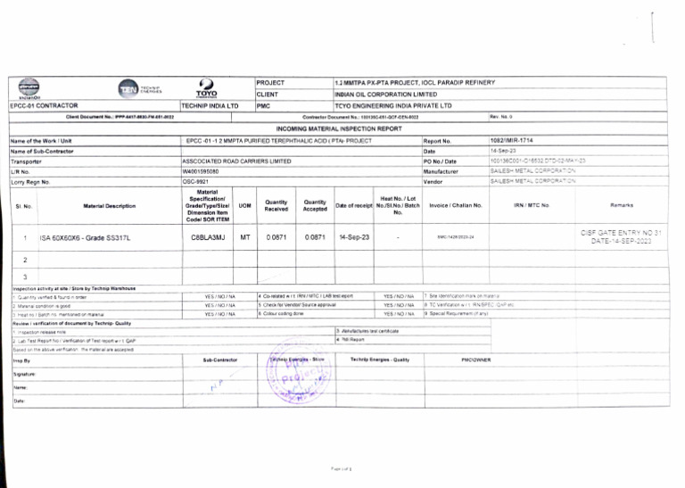 Incoming Material Inspection Report | PDF