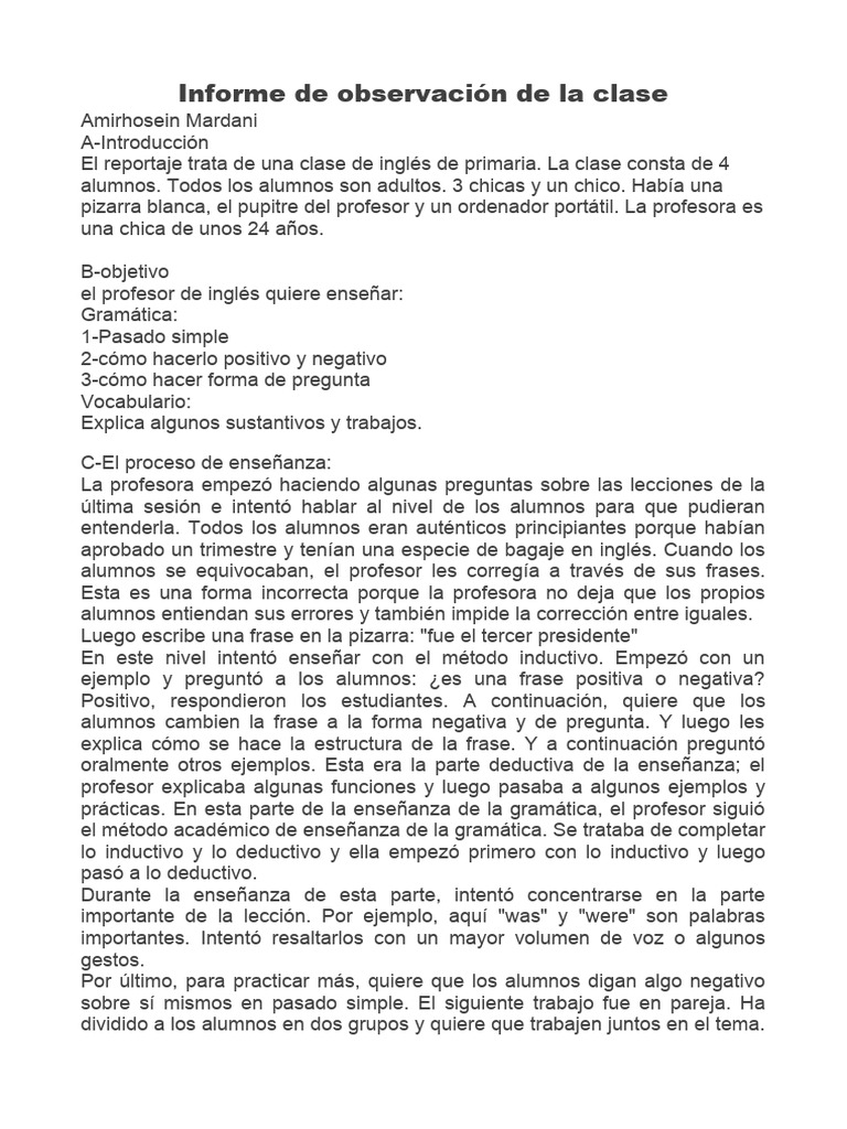 Informe de Observación de Clase | PDF | Comunicación | Enseñando