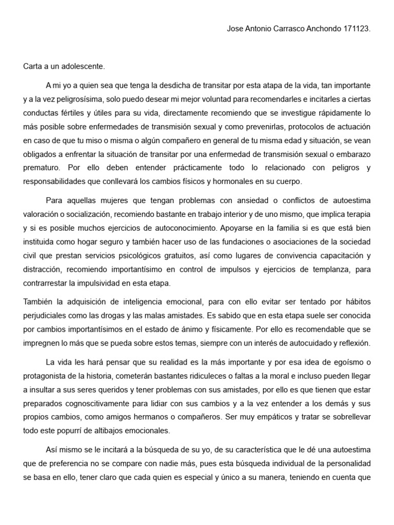 Carta A Un Adolescente | Descargar gratis PDF | Autoestima | Adolescencia