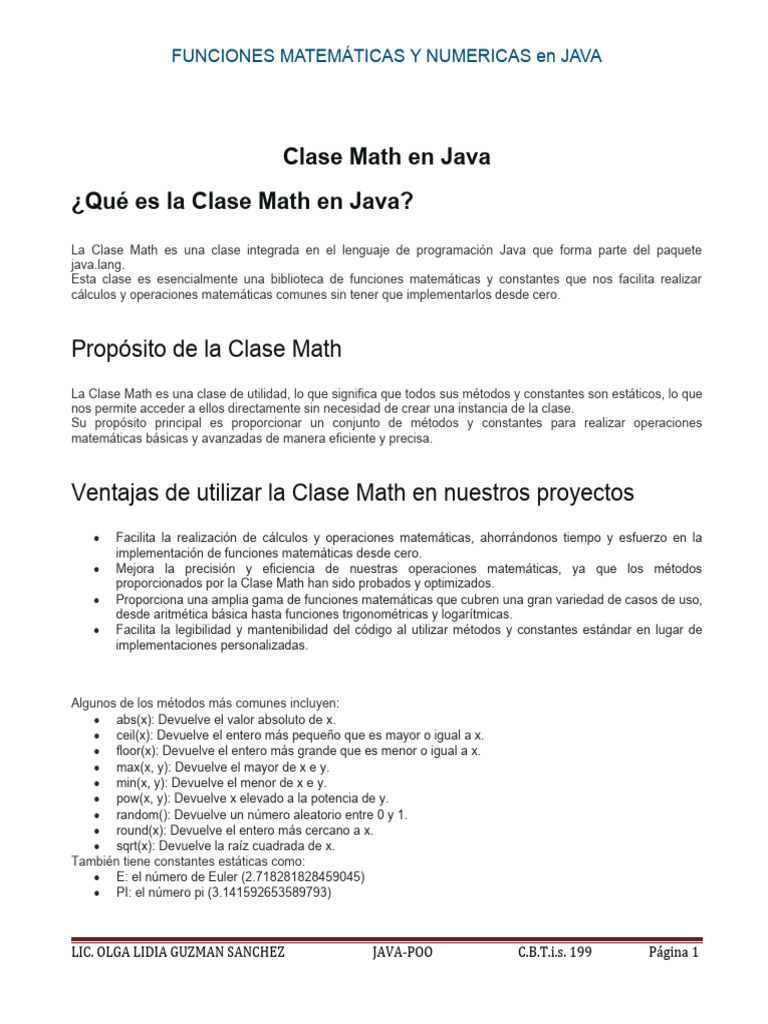 FUNCIONES MATEMÁTICAS Y NUMERICAS en JAVA | Descargar gratis PDF | Trigonometría | Logaritmo