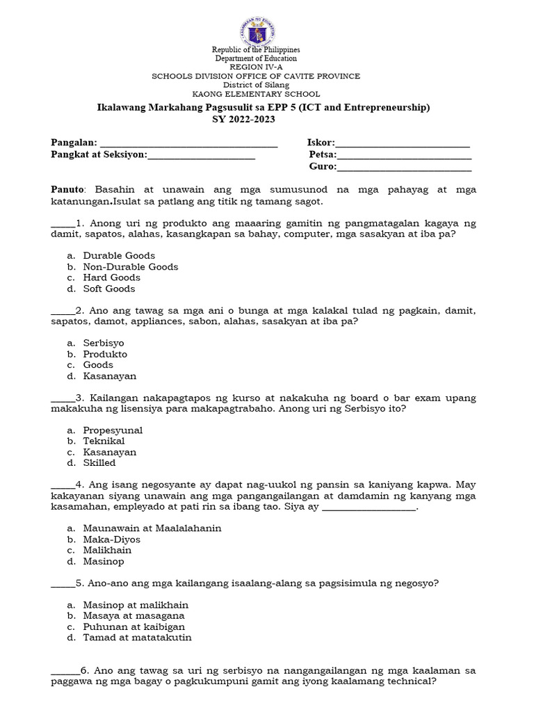 EPP 5 Q2 Periodical Test 2022 2023 | PDF