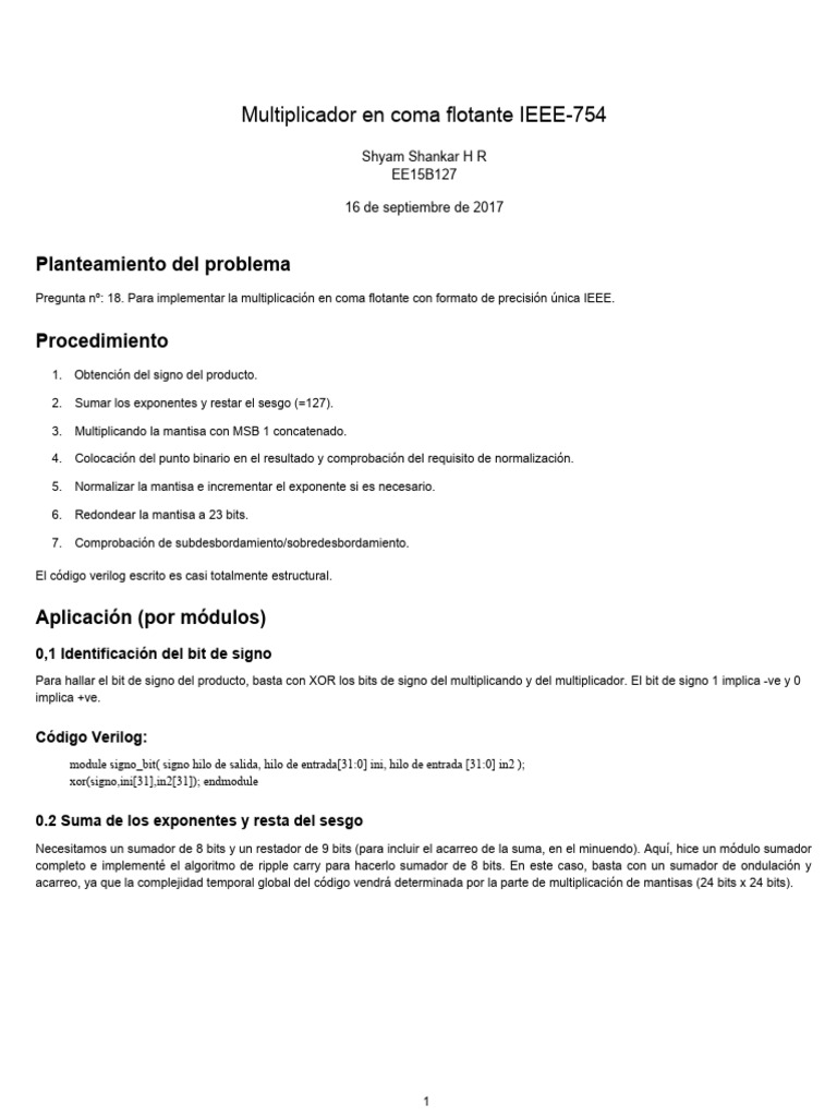 Multiplicador IEEE-754 en Verilog | PDF | Poco | Informática teórica