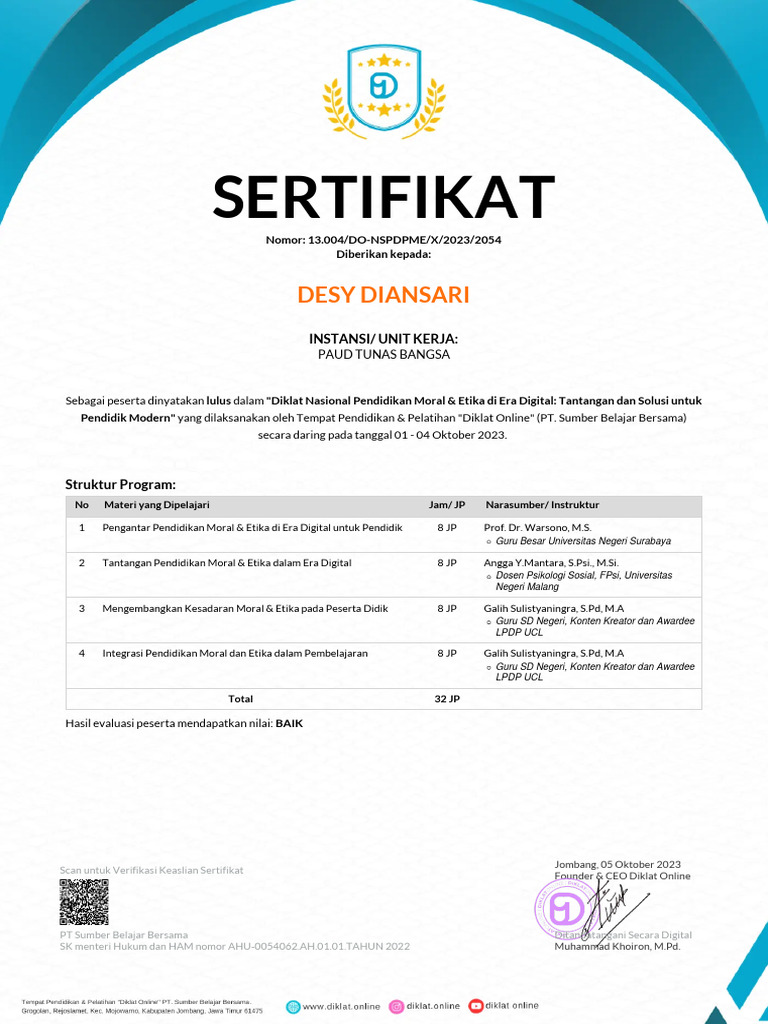 Sertifikat: Desy Diansari | PDF