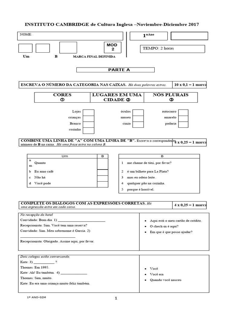 Modelo de Exame Do 1º Ano Instituto Cambridge | PDF