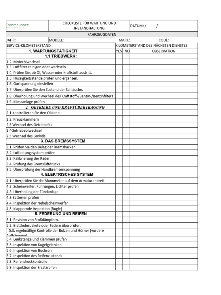 Checkliste Für Wartung Und Service | PDF