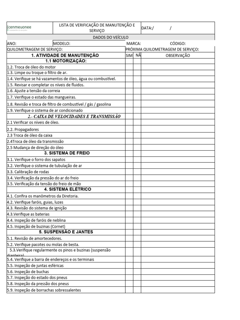Lista de Verificação de Manutenção e Serviços | PDF | Equipamento ...