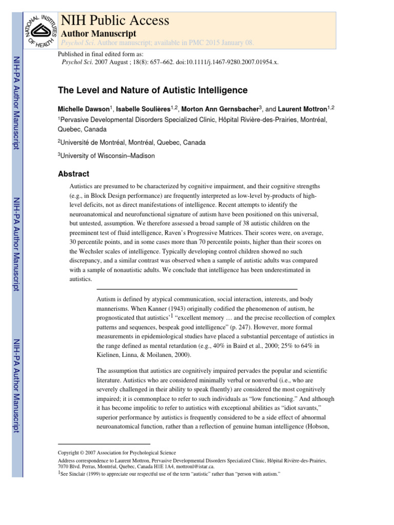 Dawson Et Al. - The Level and Nature of Autistic Intelligence | PDF ...