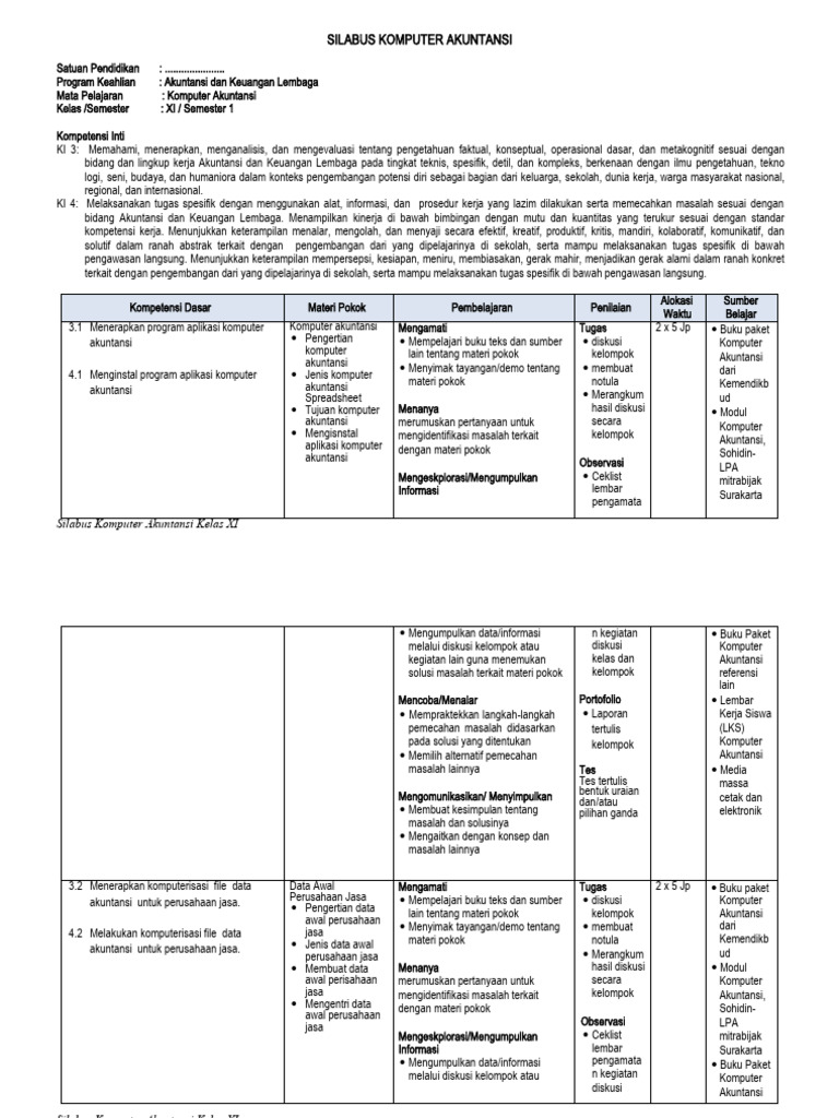 Silabus Komputer Akuntansi - Kelas Xi Up | PDF