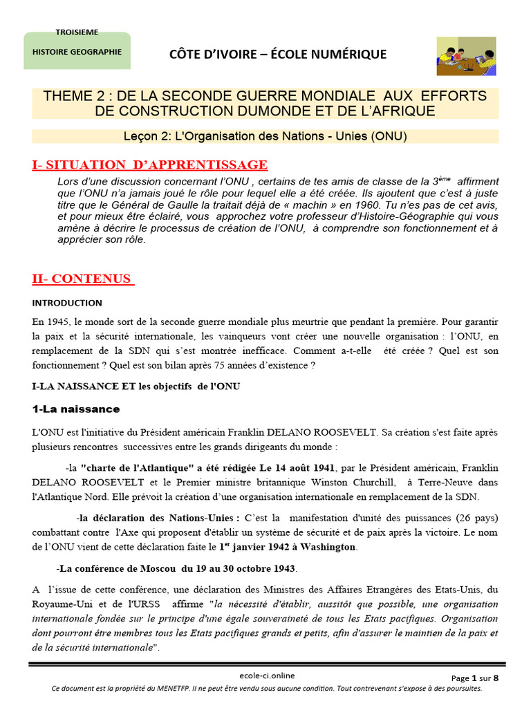 3ème H6 - L'ONU | PDF | Nations unies | Relations internationales