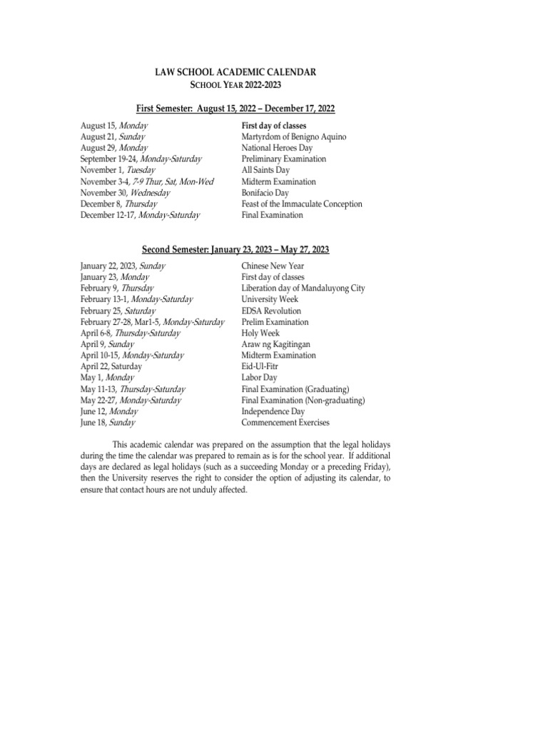Law School Academic Calendar 2022-2023 | PDF | Tuition Payments | Manila