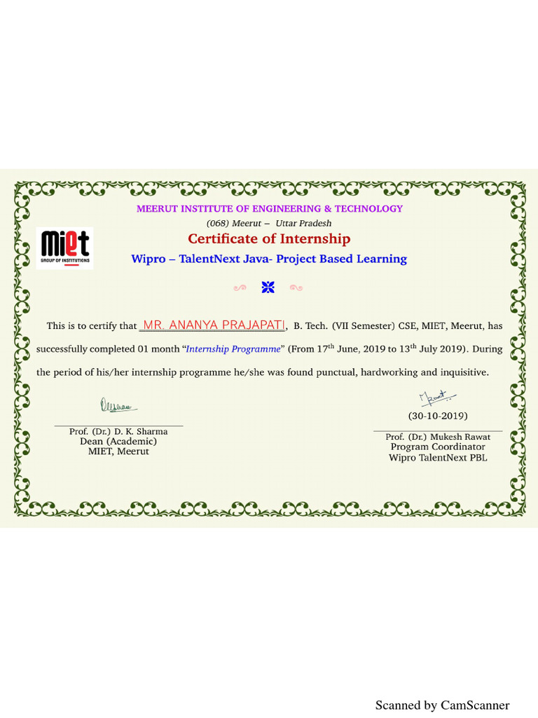 Certificate Internship WIPRO TalentNext-PBL | PDF