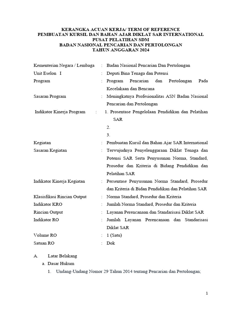 TOR Peny Kurikulum Diklat SAR Internasional | PDF