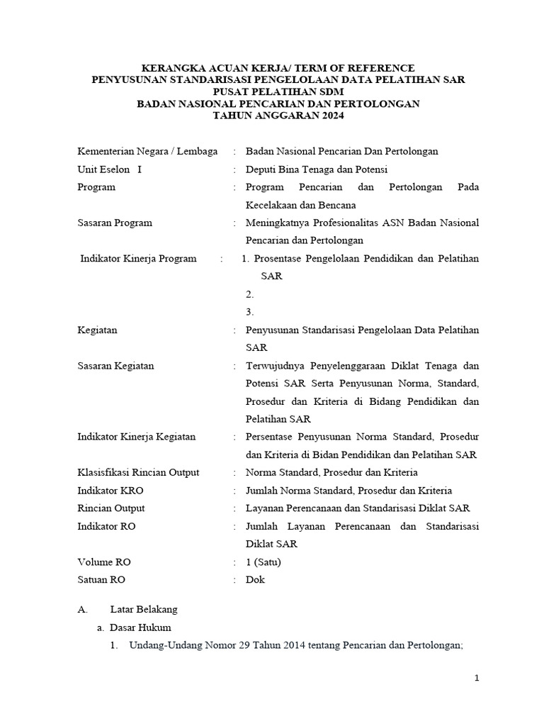 TOR Peny Standarisasi Pengolahan Data | PDF