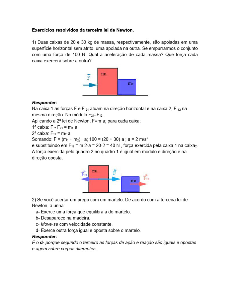 Exercícios resolvidos da Terceira Lei de Newton | PDF | Força | Leis do ...