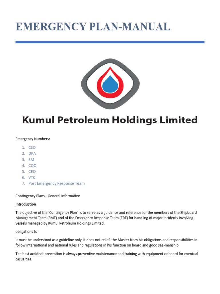 Emergency Plan-Manual: 1. CSO 2. DPA 3. SM 4. COO 5. CEO 6. VTC 7. Port ...