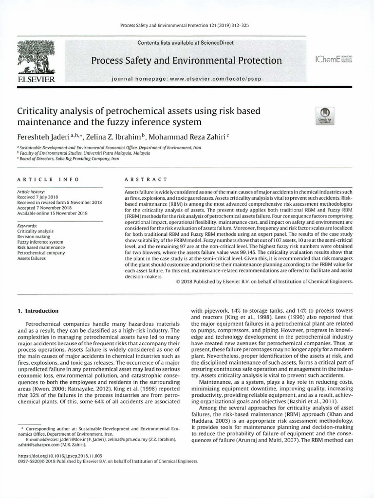 Criticality Analysis of Petrochemical Assets Using Risk Based Maintenance and Fuzzy Inference ...