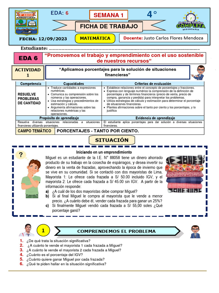 Ficha Trabajo #1 - Sem 1 - 4º Actividad 1 - Eda 6 | PDF | Porcentaje | Impuestos