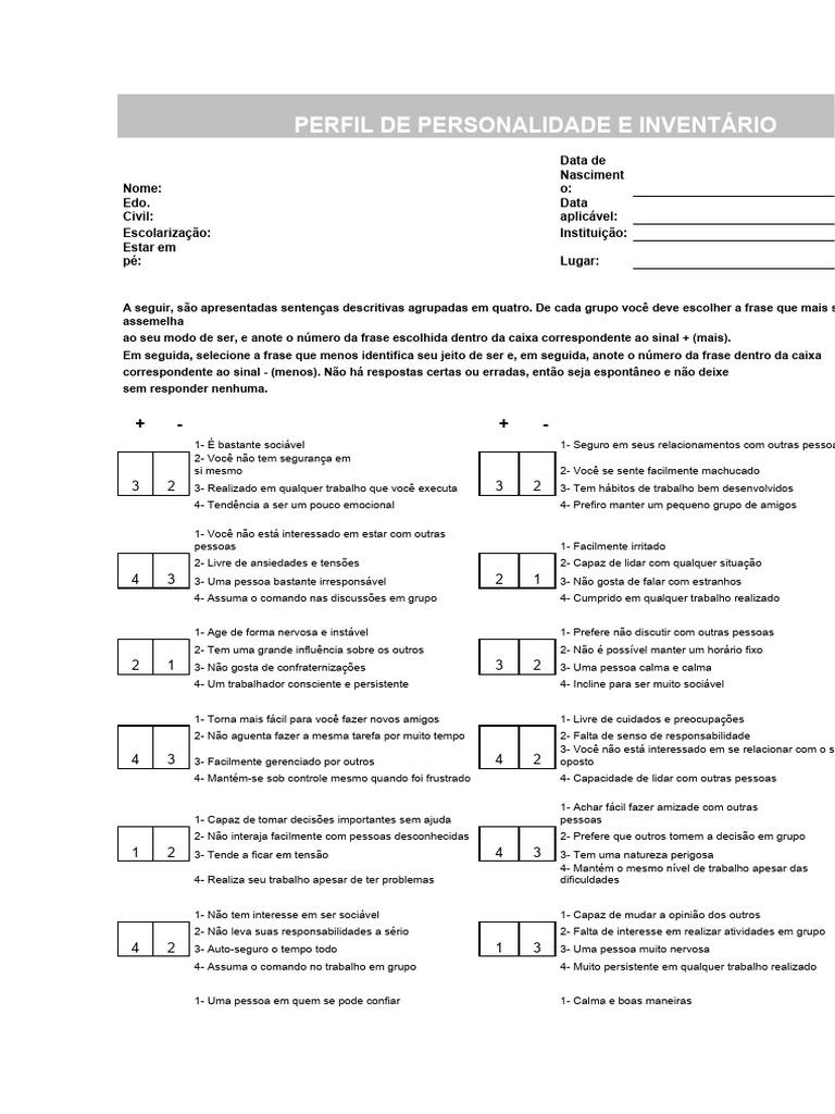 Perfil Do Livreto de Teste Gordon e Inventário de Personalidade | PDF