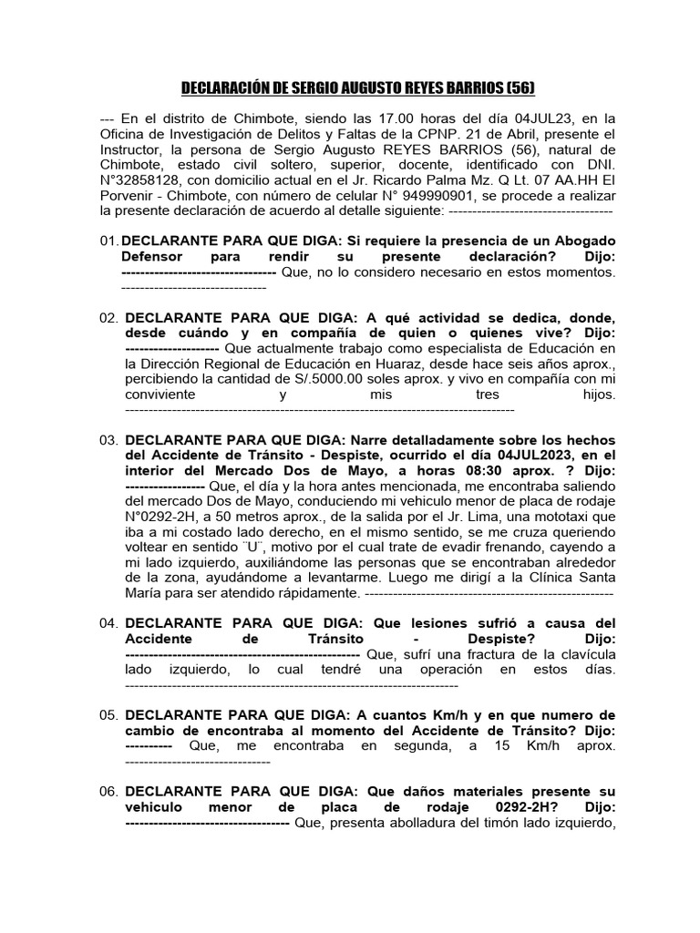 Declaración de Sergio Augusto Reyes Barrios | PDF