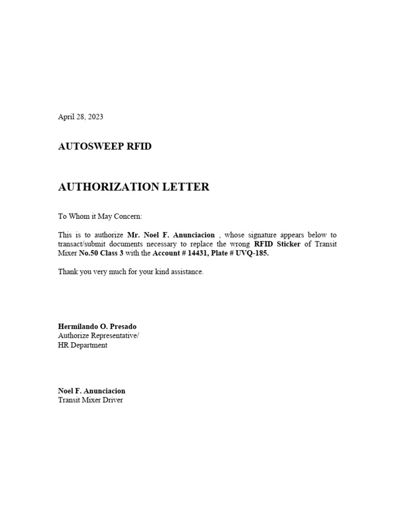 Autosweep Authorization Letter | PDF